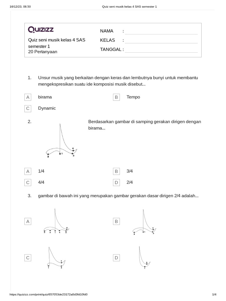 Quiz Seni Musik Kelas 4 SAS Semester 1 | PDF