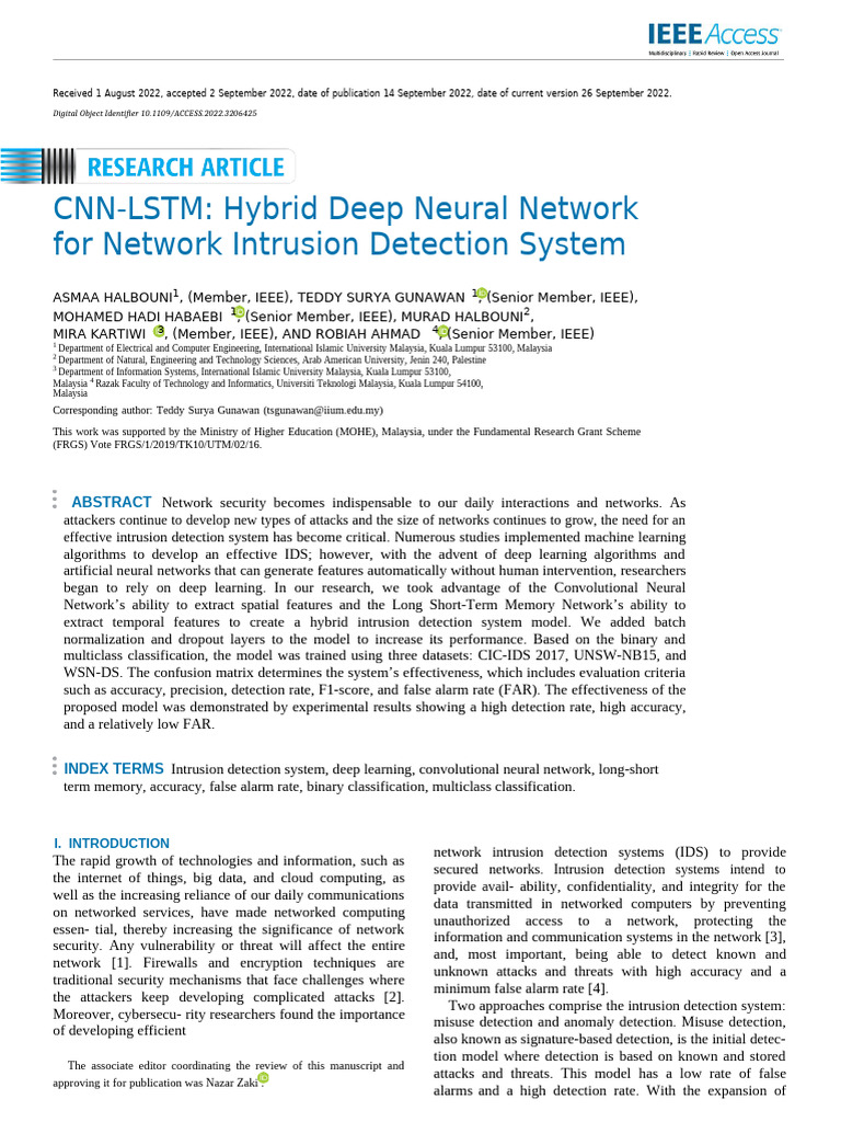 CNN-LSTM Hybrid Deep Neural Network For Network Intrusion Detection System | PDF