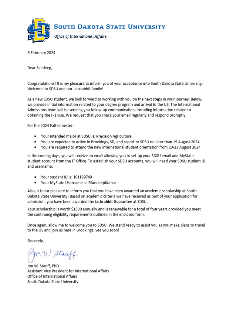 SDU Admission Letter - Sandeep (2091) | PDF