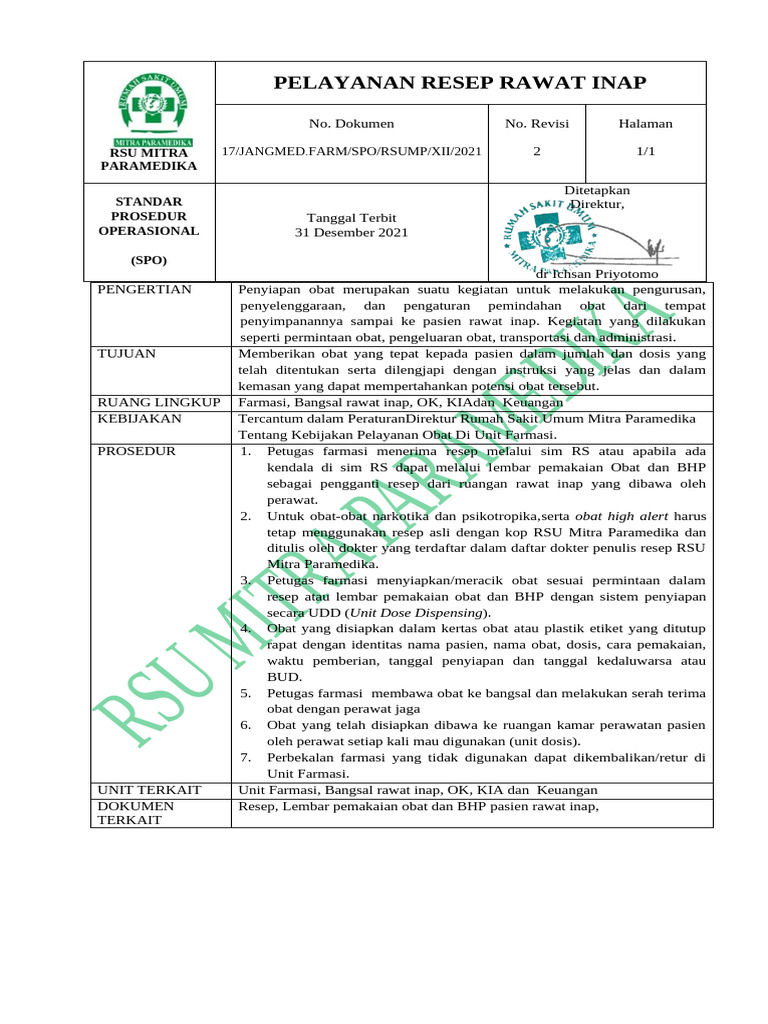 SPO Penyiapan Resep Rawat Inap | PDF