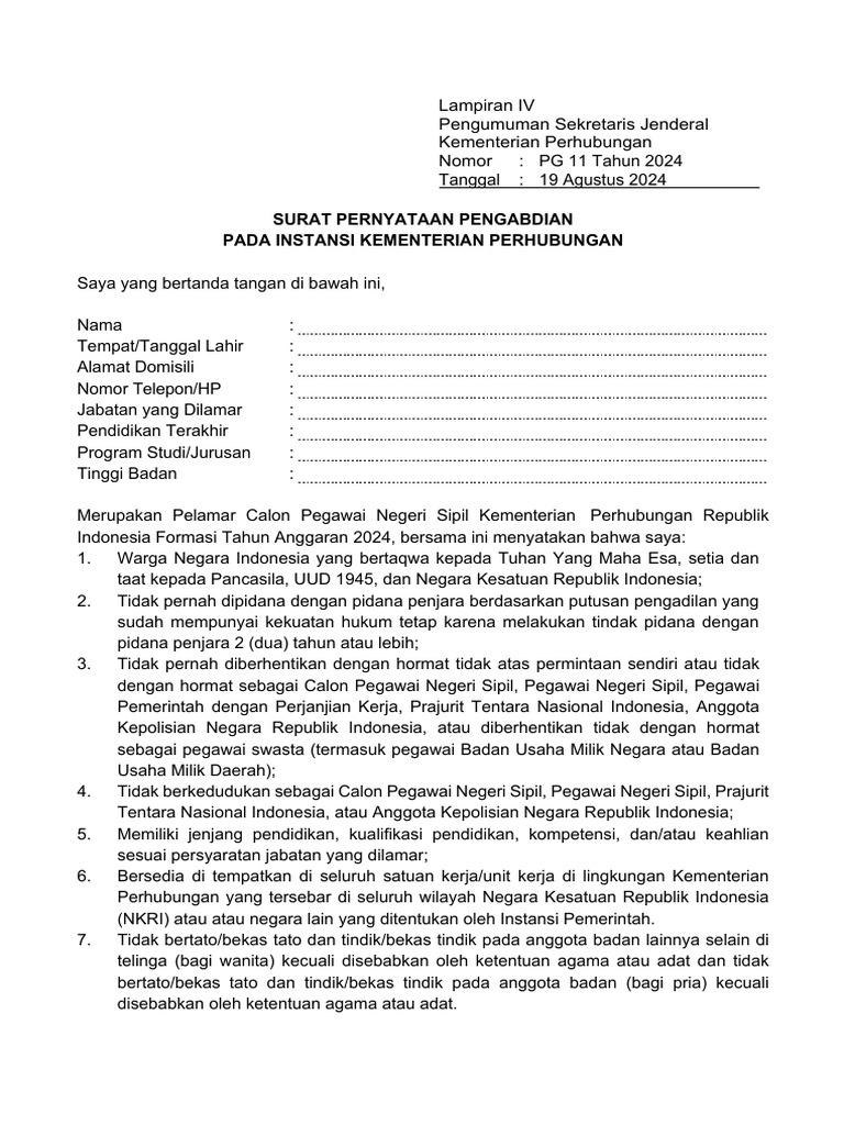 Format Surat Pernyataan Pengabdian Pada Instansi Kementerian ...
