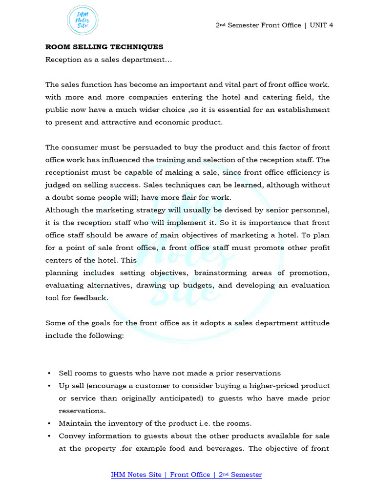 Ch-4 ROOM SELLING TECHNIQUES | PDF