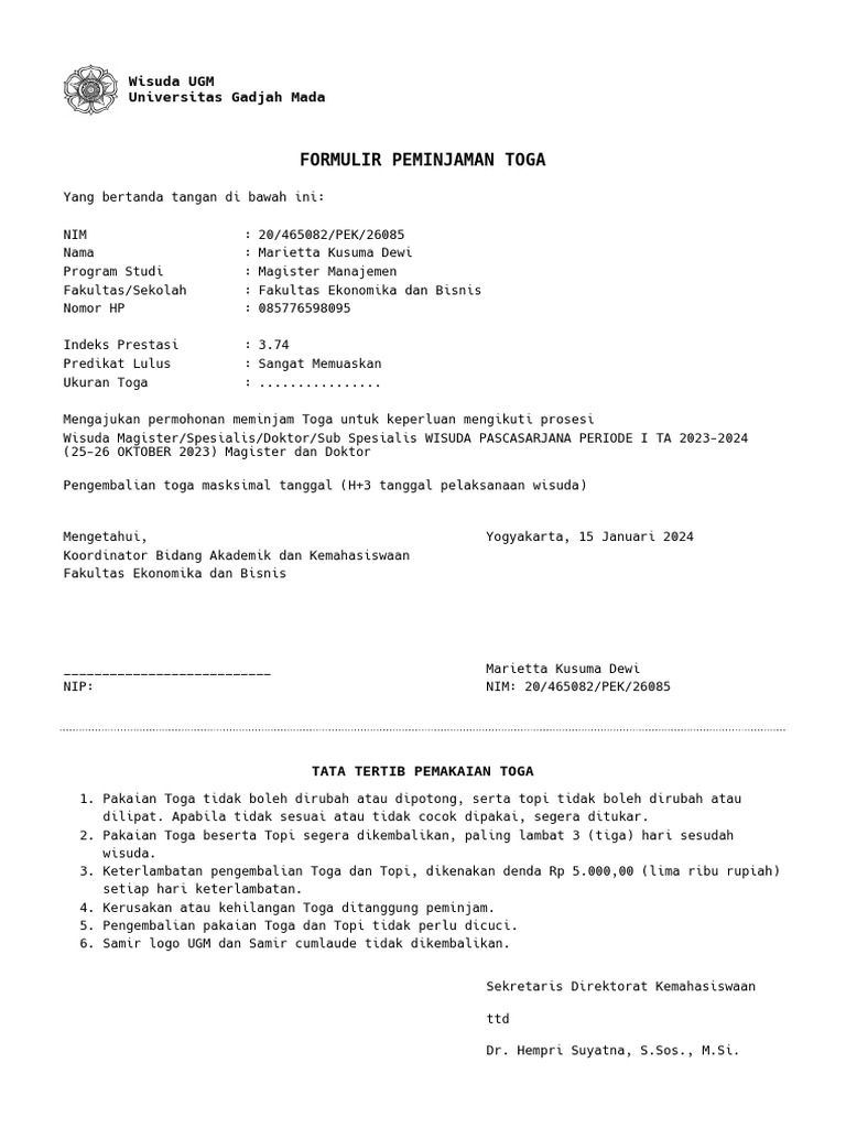 Formulir Peminjaman Toga | PDF