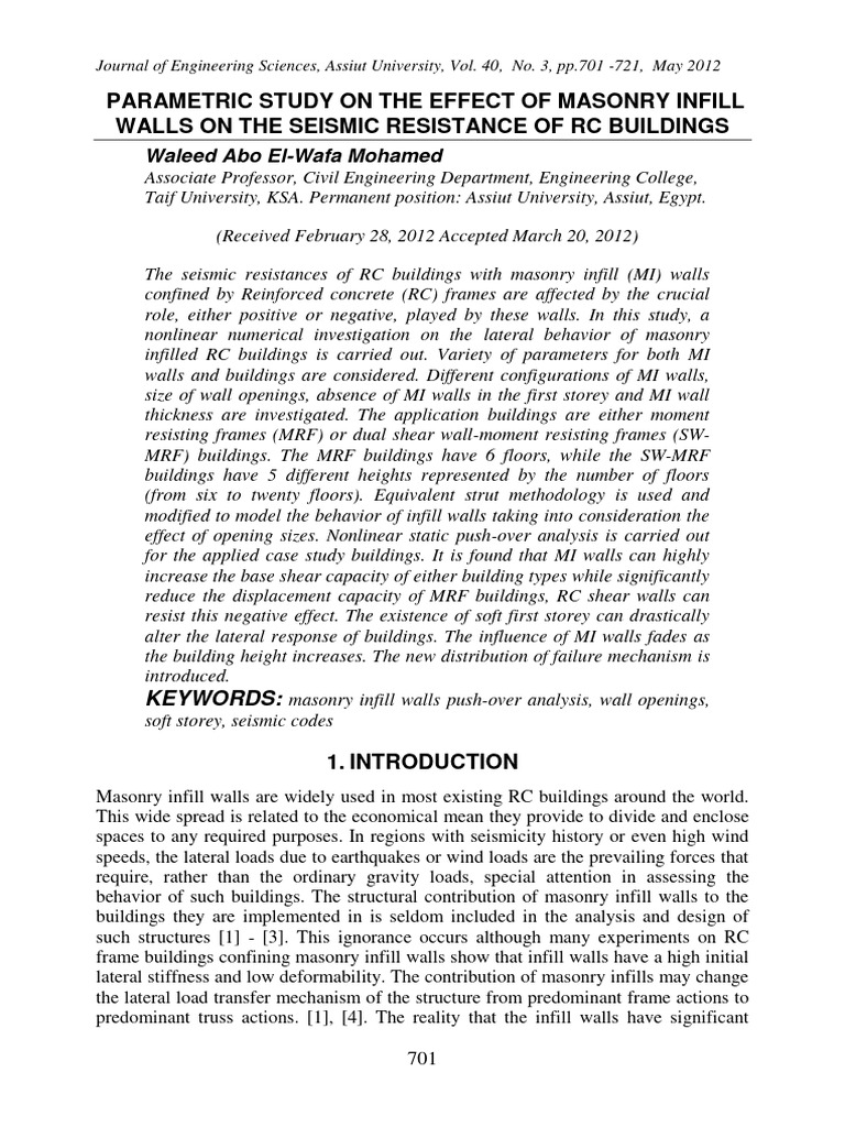 Parametric Study On The Effect of Masonry Infill Walls On The Seismic Resistance of RC Buildings ...