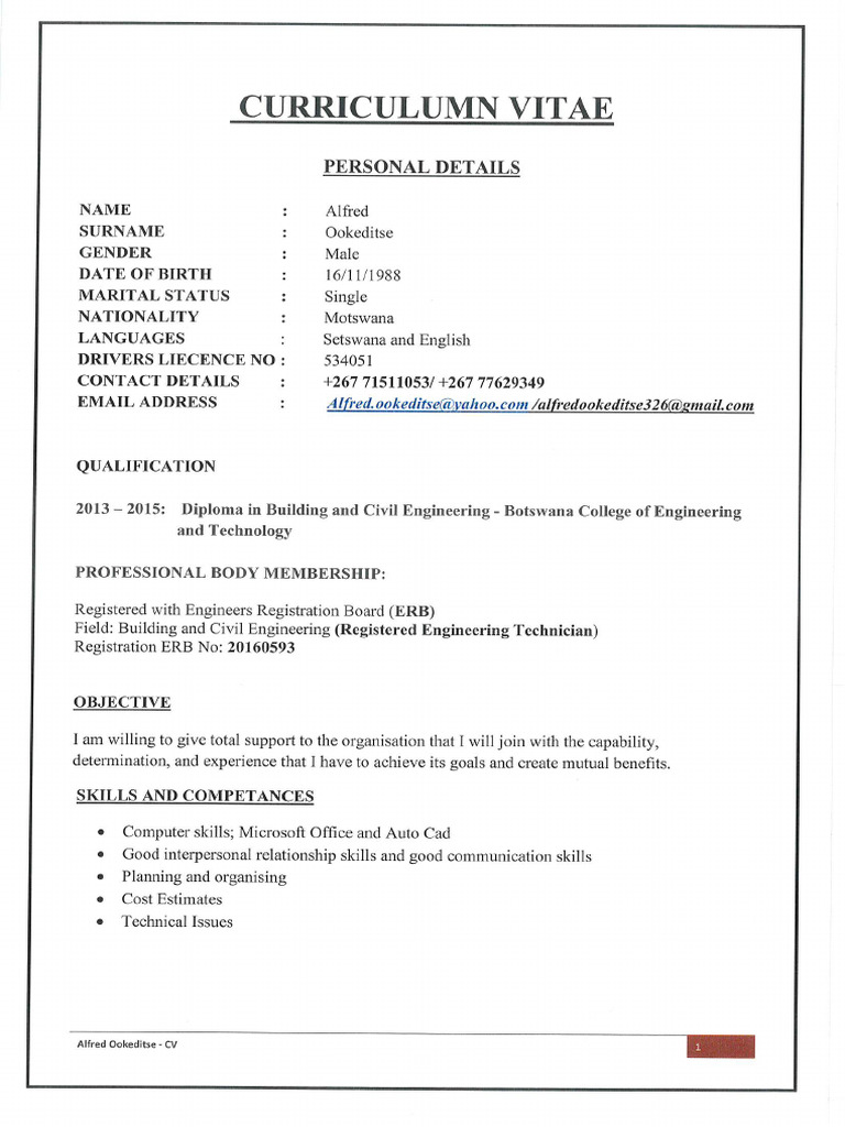 Alfred Ookeditse's Curriculum Vitae, Erb Certificate and References - Technician | PDF