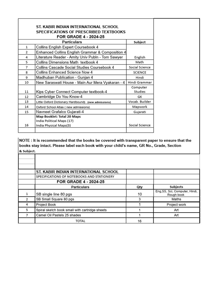 Grade 4 Textbook and Notebook Specifications XLSX - Grade 4 3 | PDF