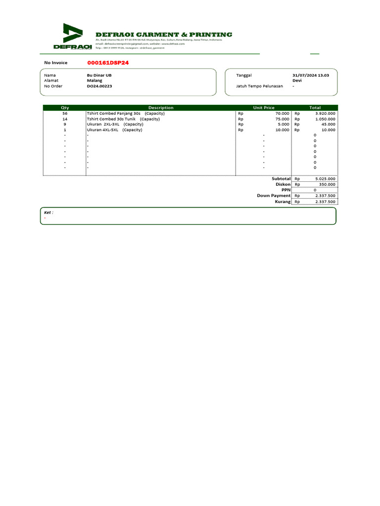 Contoh invoice konveksi | PDF