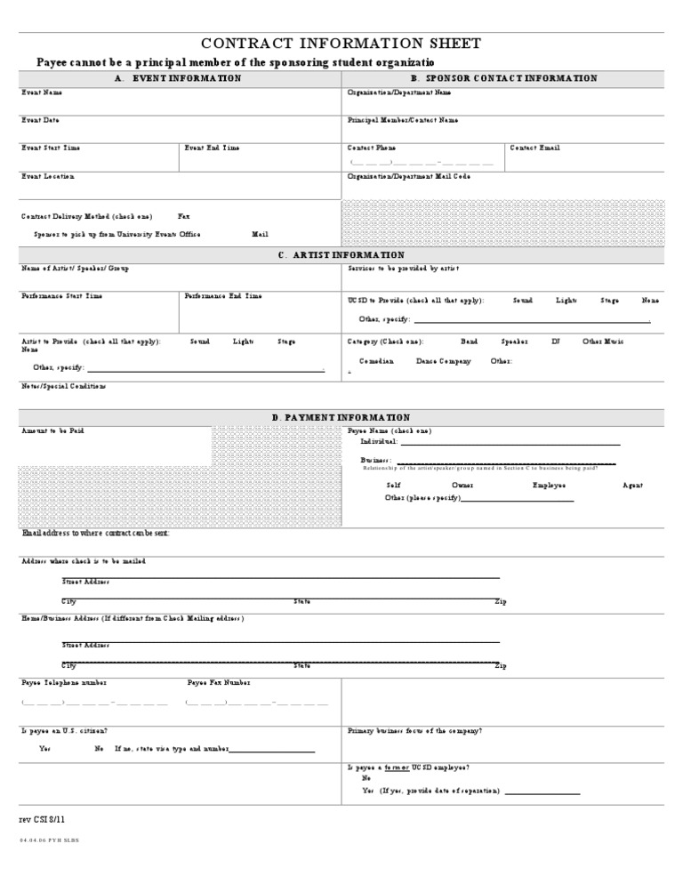 Contract Information Sheet for Events | PDF