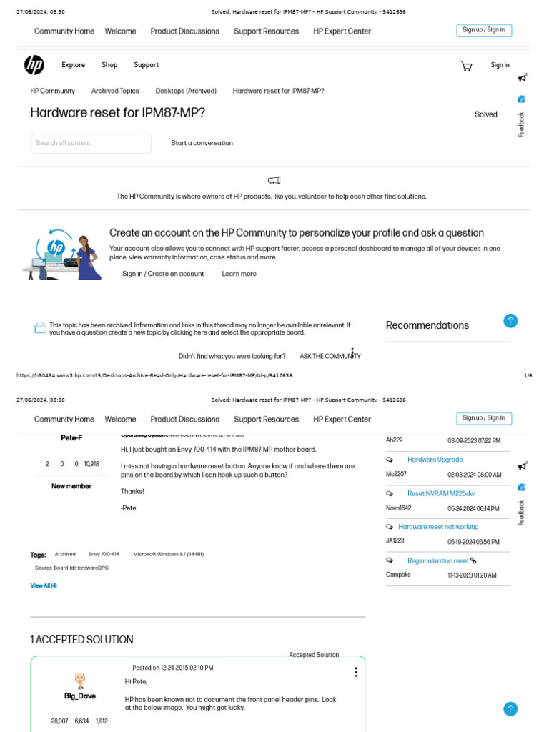 Solved - Hardware Reset For IPM87-MP - HP Support Community - 5412636 | PDF