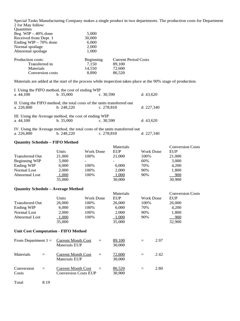 Process Costing - Illustrative Problem - Dept. 1 and 2 | PDF