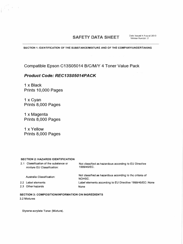 Alc-4100 - Msds-Material Safety Data Sheet - Toner-Laser | PDF