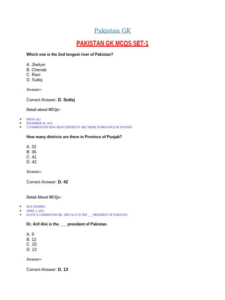 Pakistan GK Mcqs Set-1 | PDF