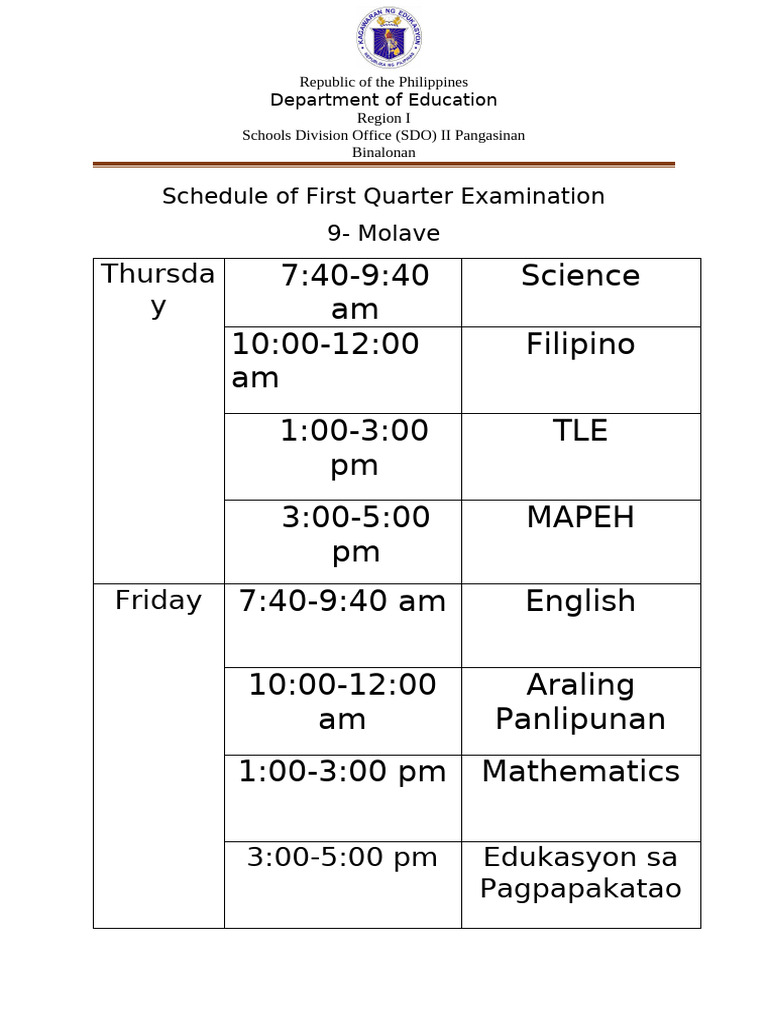 First Quarter Exam Schedule 2023 | PDF