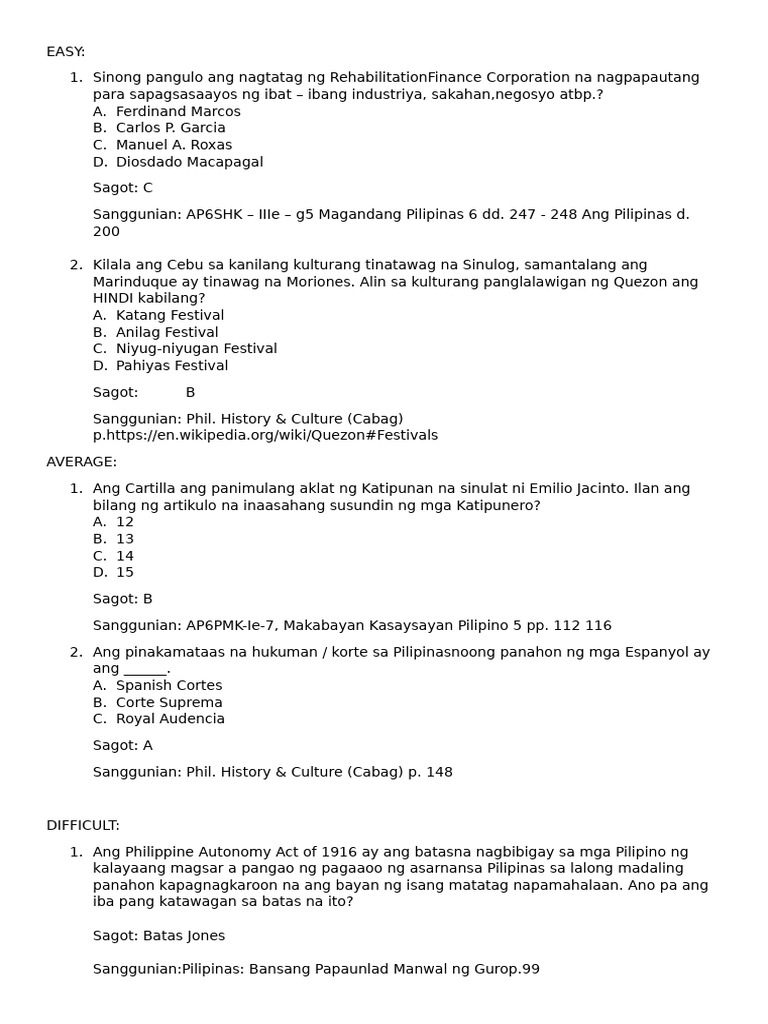 Kasaysayan Heograpiya at Kultura NG Pilipinas Questions Mabinit ES | PDF