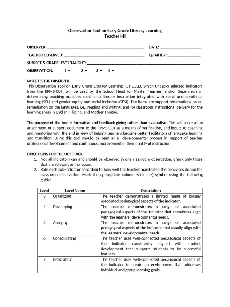 Observation Tool For Early Grade Literacy Learning | PDF