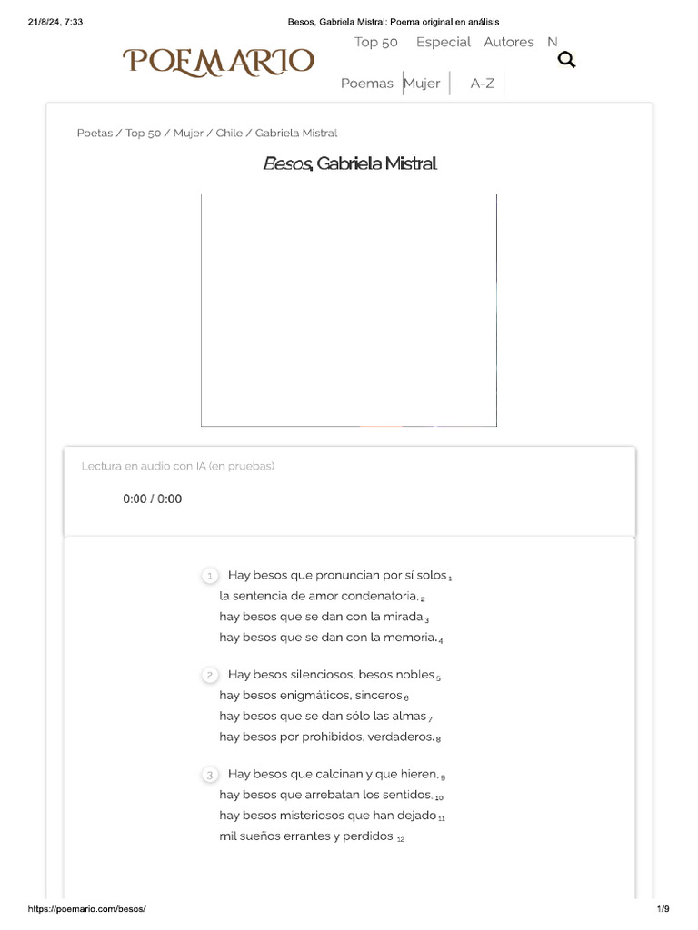 Besos, Gabriela Mistral - Poema Original en Análisis | PDF