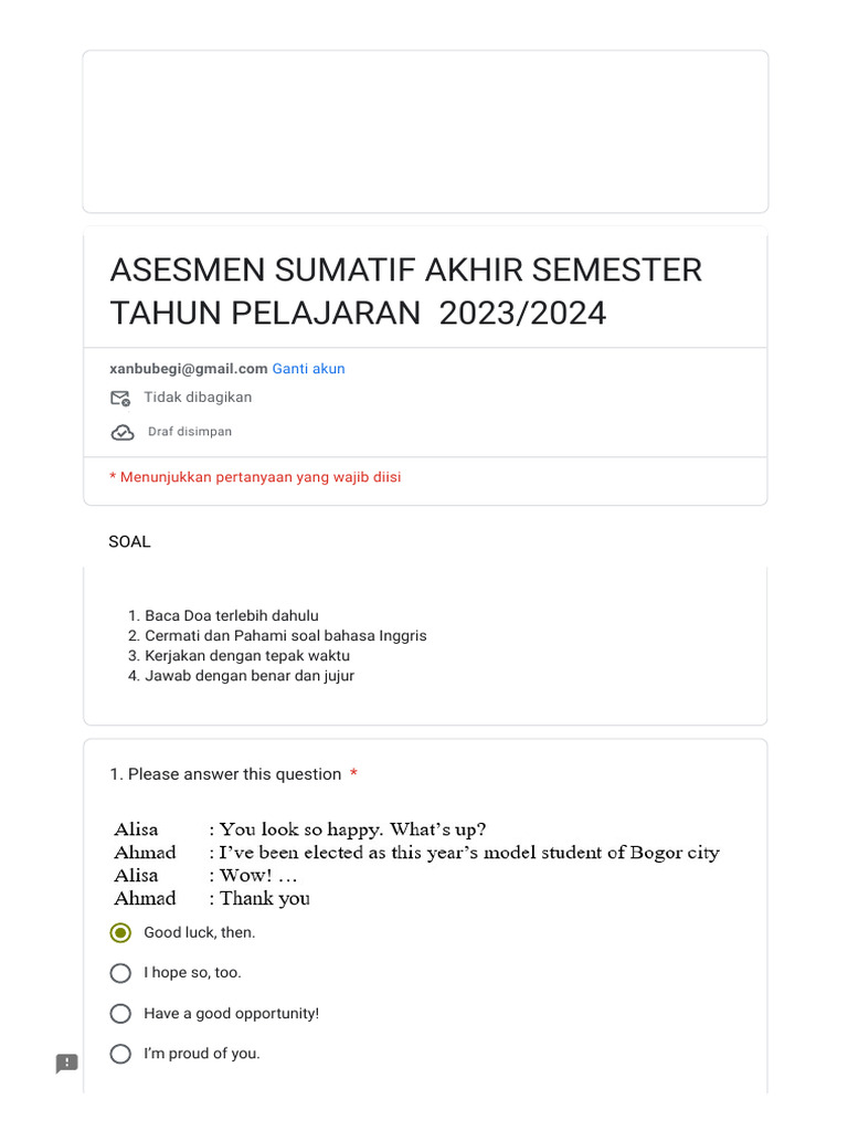 Asesmen Sumatif Akhir Semester Tahun Pelajaran 2023 - 2024 | PDF