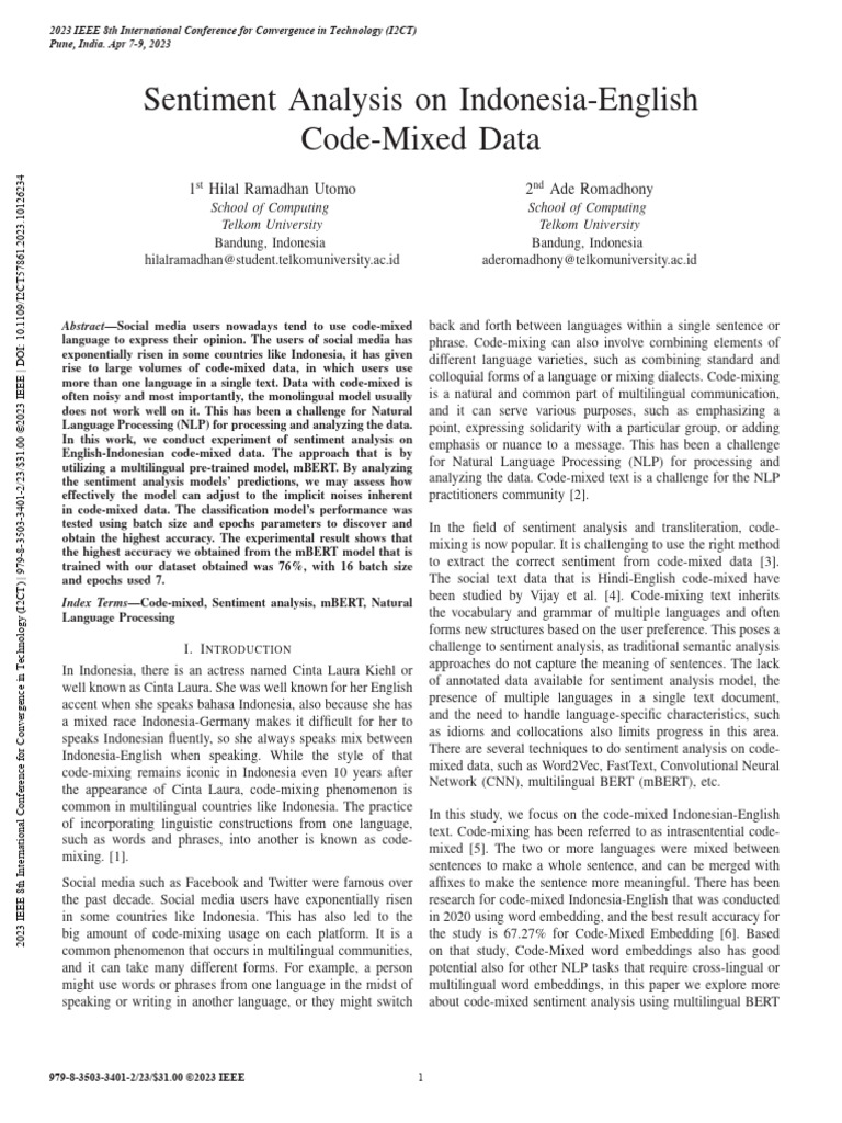 Sentiment Analysis On Indonesia-English Code-Mixed Data | PDF