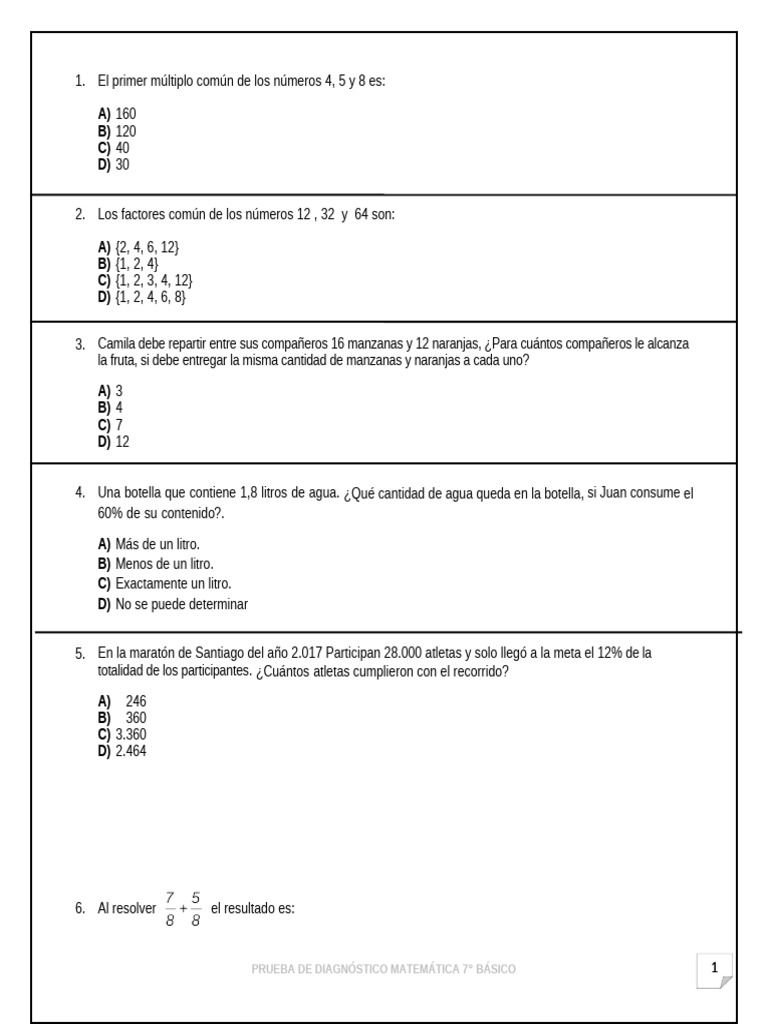 Diagnóstico Matemática 7mo Básico | PDF