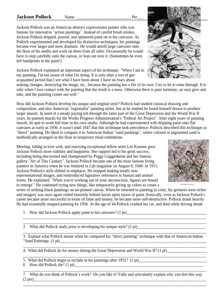 Copy of Jackson Pollock Worksheet - Regan Rev 2011 | PDF