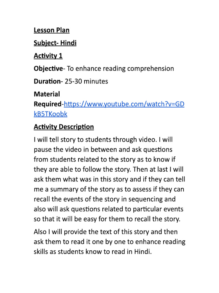 Hindi lesson plan for reading comprehension class 3 | PDF