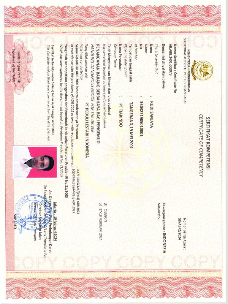 Sertifikat Supir B3 - Rudi Sanjaya | PDF