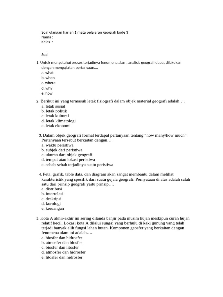 Soal Ulangan Harian 1 Mata Pelajaran Geografi 3 | PDF