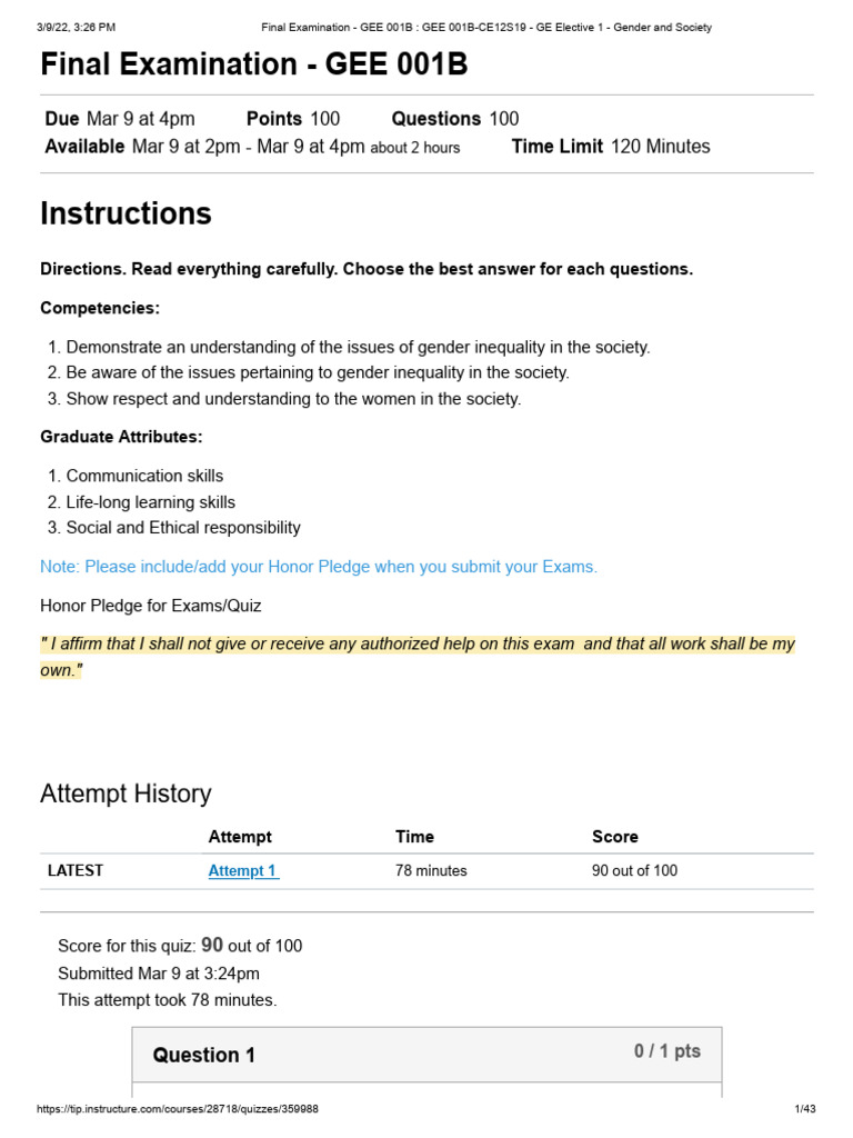 Final Examination GEE 001B GEE 001B CE12S19 GE Elective 1 Gender and Society | PDF