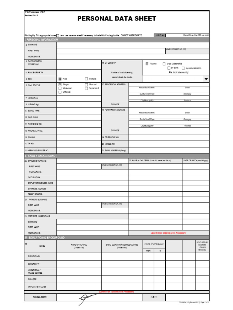 CS Form No. 212 Personal Data Sheet Revised | PDF