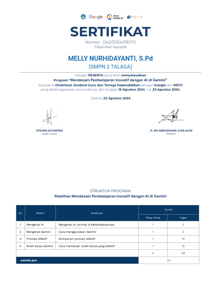 Sertifikat Partisipasi Pelatihan Gemini S.id - MELLY | PDF