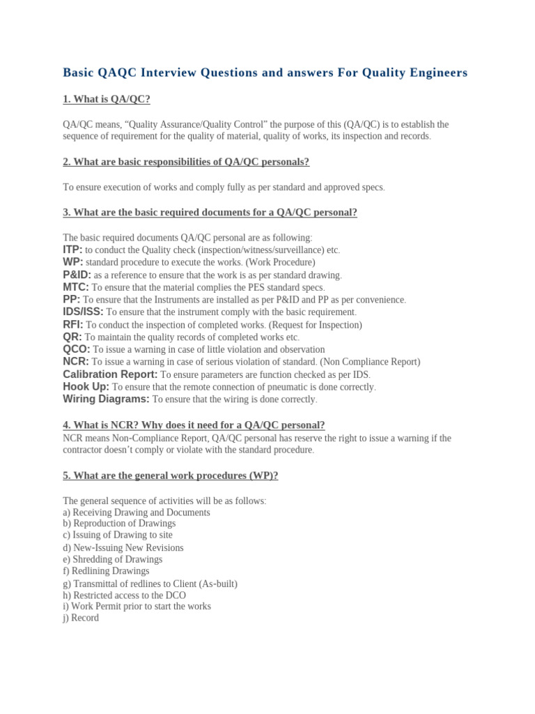 Basic QAQC Interview Questions and Answers For Quality Engineers | PDF