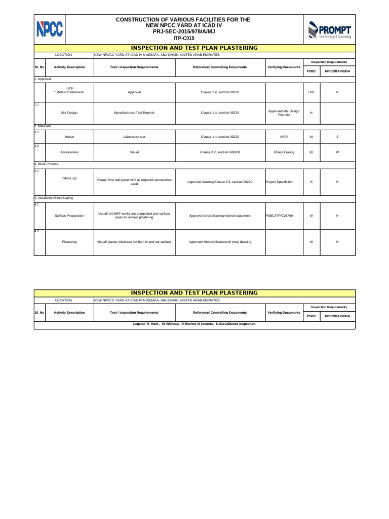 ITP For Plastering | PDF