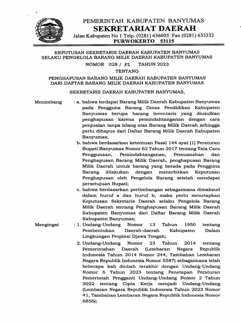 SK Penghapusan Sekda No. 028 - 32 Tahun 2023-28 Des 2023 | PDF