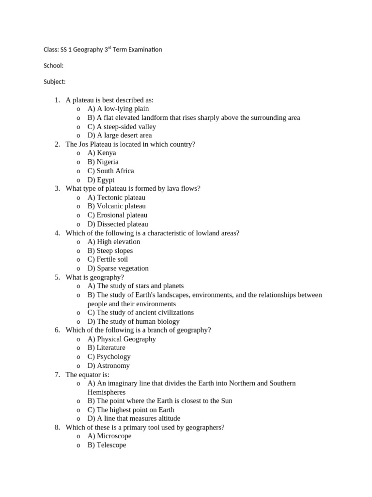 Class SS1 Geography Examination | PDF