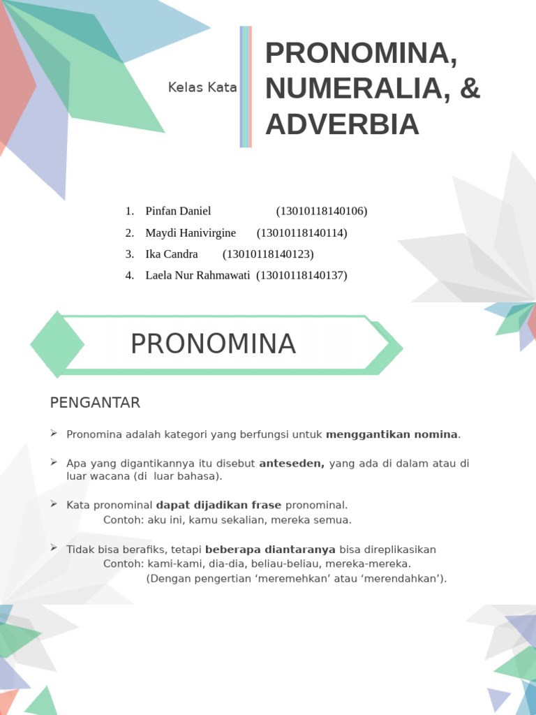 Kelas Kata Pronomina, Numeralia, & Adverbia | PDF