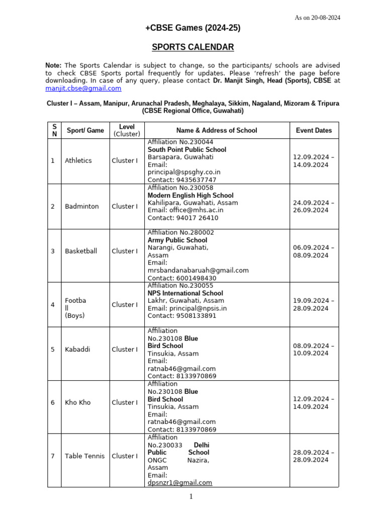 CBSE Sports Calendar (2024-25) | PDF