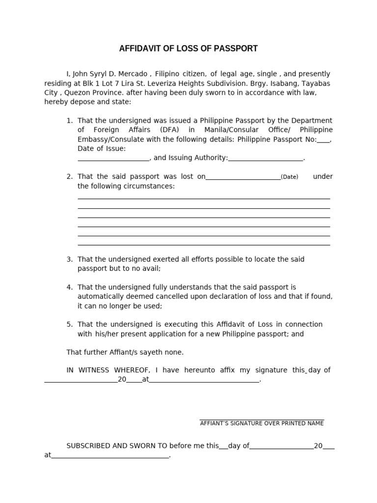 PCGSF 2020 Affidavit of Loss of Passport | PDF