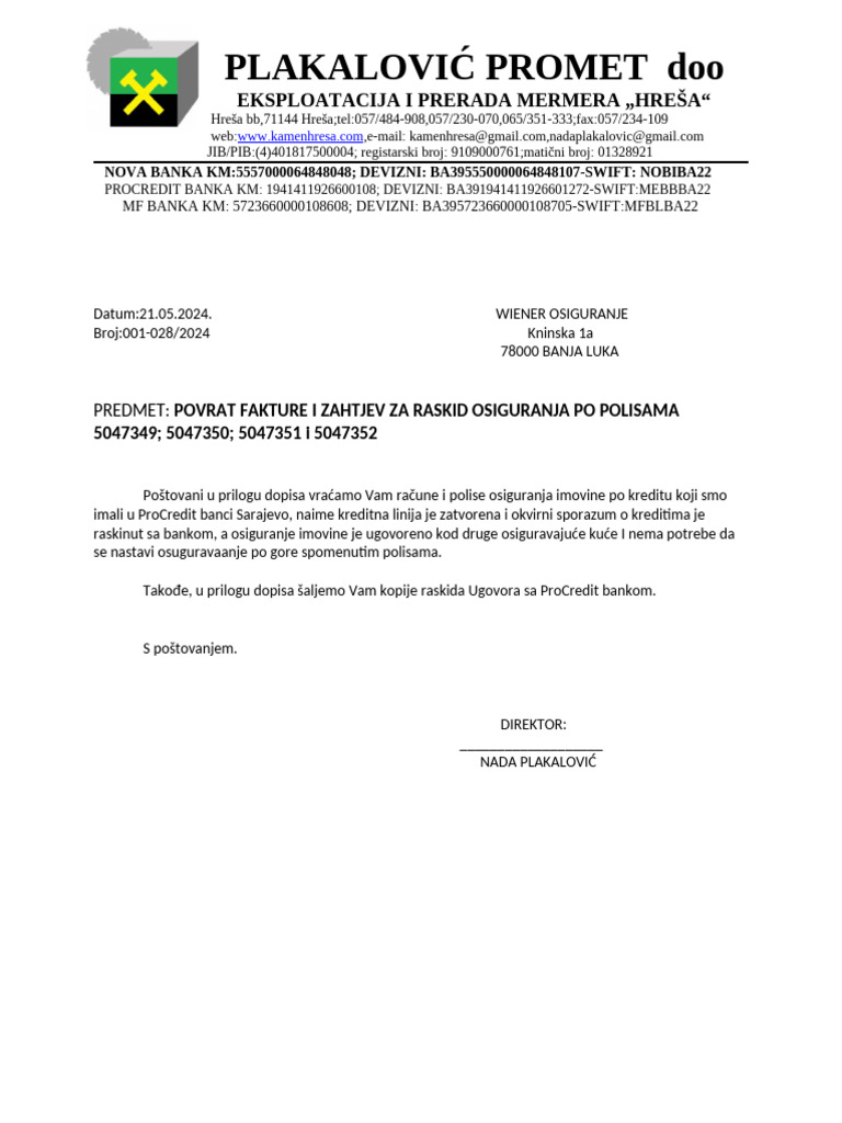 POVRAT FAKTURE I ZAHTJEV ZA RASKID OSIGURANJA PO POLISAMA 5047349 5047350 5047351 I 5047352 | PDF