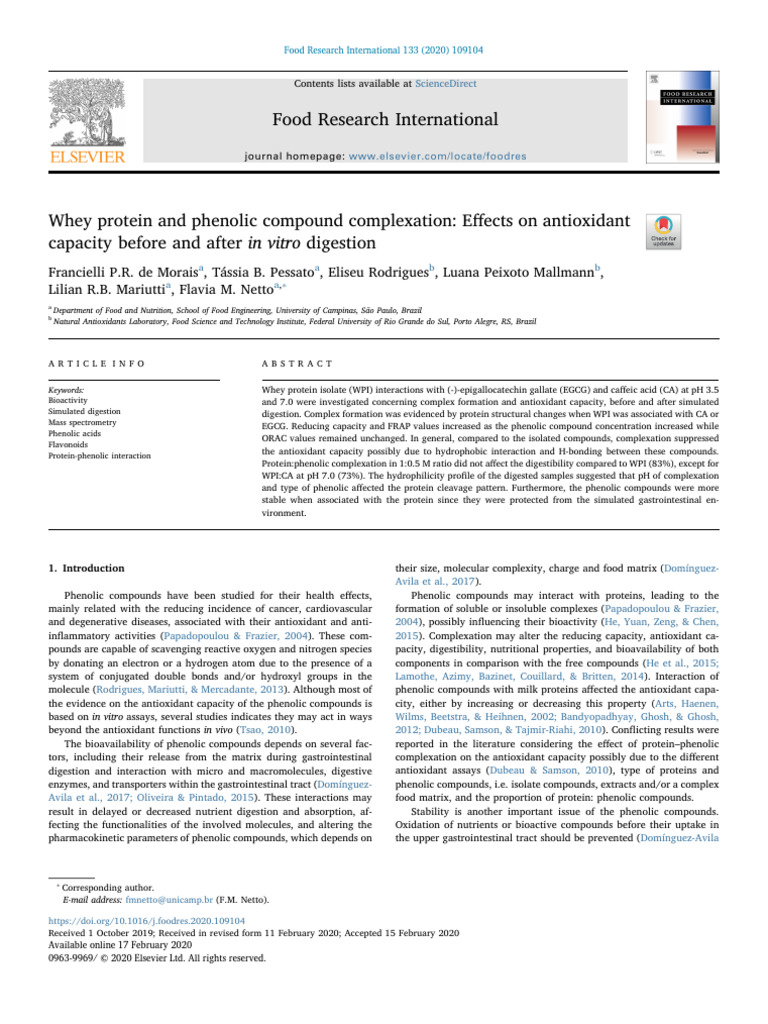 Morais 2020 - Whey Protein and Phenolic Compound Complexation Effects ...