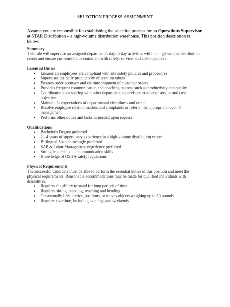 #1 Selection Process Assignment With Job Description and Grading Rubric | PDF