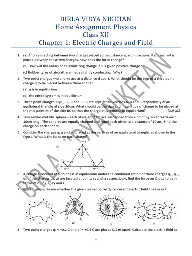 CH1 - Physics - Home Assignment - Electric Charges and Field | PDF