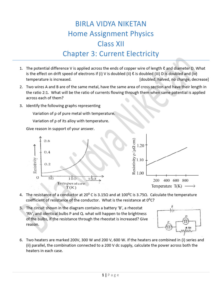 CH3 - Physics - Home Assignment - Current Electricity | PDF