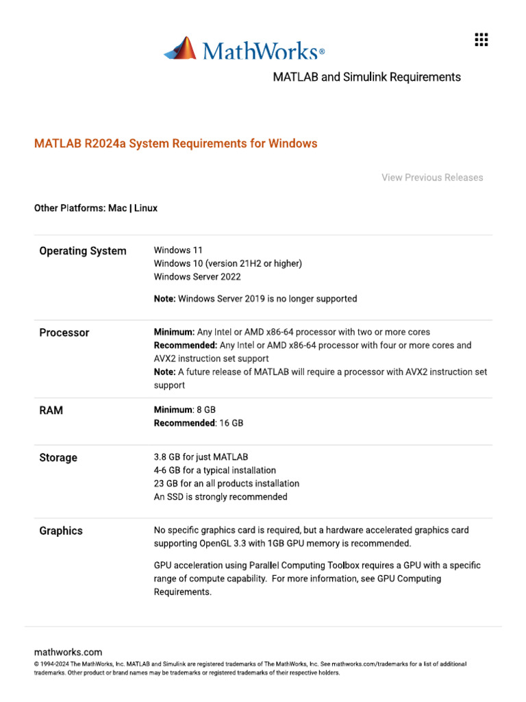 System Requirements For MATLAB - MATLAB & Simulink | PDF