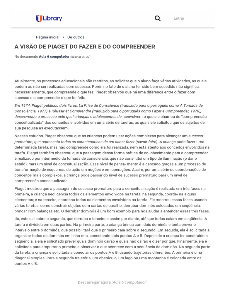 A Visão de Piaget Do Fazer e Do Compreender | PDF