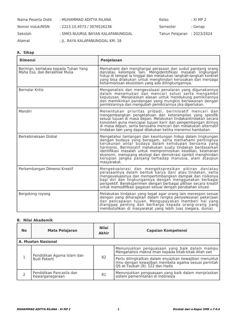 RAPOR MUHAMMAD ADITYA RILANA - XI MP 2 (1) .PDF - Crdownload | PDF