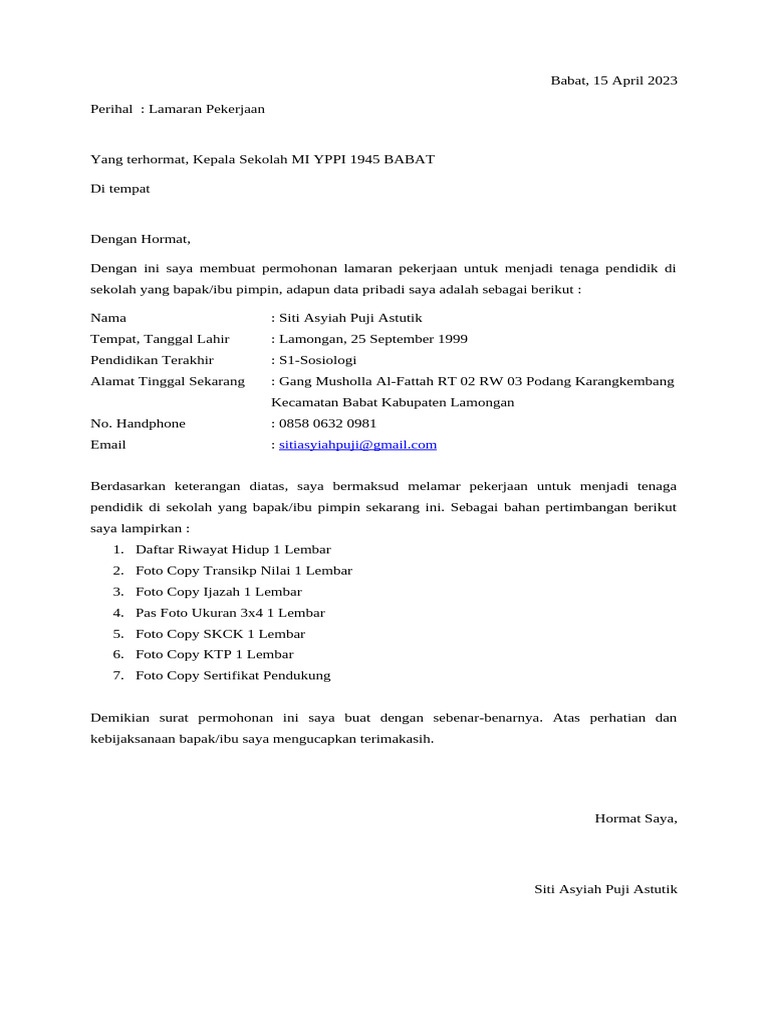 Surat Lamaran Kerja Guru SD | PDF