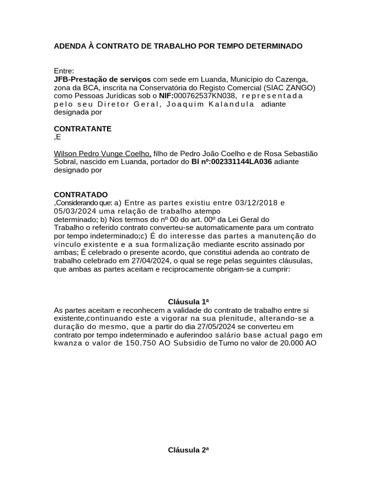 Adenda À Contrato de Trabalho Por Tempo Determinado | PDF