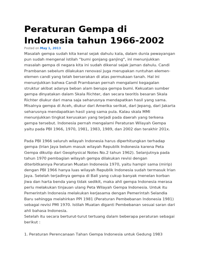 Peraturan Gempa Di Indonesia Tahun | PDF