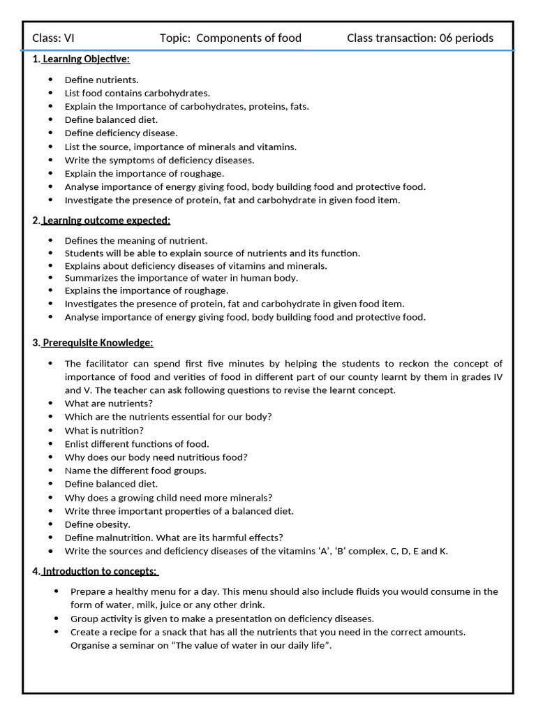 Lesson Plan VI Components of Food-1 | PDF