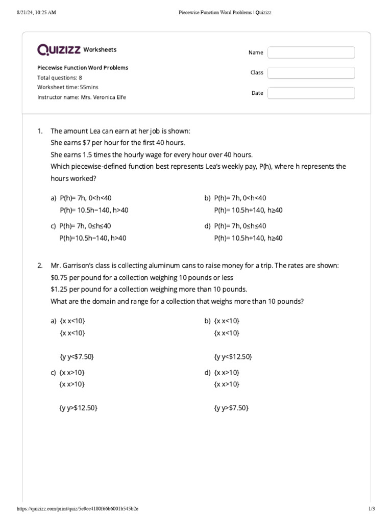 Piecewise Function Word Problems - Quizizz | PDF Piecewise Function Word Problems - Quizizz | PDF